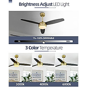 YOUKAIN Modern Ceiling Fan, 52 Inch Gold Ceiling Fan with Light and Remote Control, LED Ceiling Fan with 3 Matte Black Blades for Living Room, Bedroom, Bathroom, 52-YJ273-BK