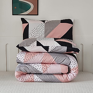Bedbay Pink Grey Queen Comforter Set Western Bedding Set Queen Size Teen Girls Pink Grey Black Triangle Geometric Pattern 3 Pcs Soft Lightweight Fluffy Comforter Set (Muti,Queen)