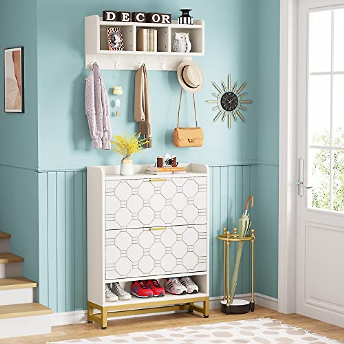 Tribesigns Shoe Storage Cabinet with Cubby Coat Rack, 3-in-1Design Free Standing Entryway Shoe Rack Cabinet with 2 Flip Drawers,5 Hooks,3 Storage Cubbies for Hallway, Mudroom, White and Gold
