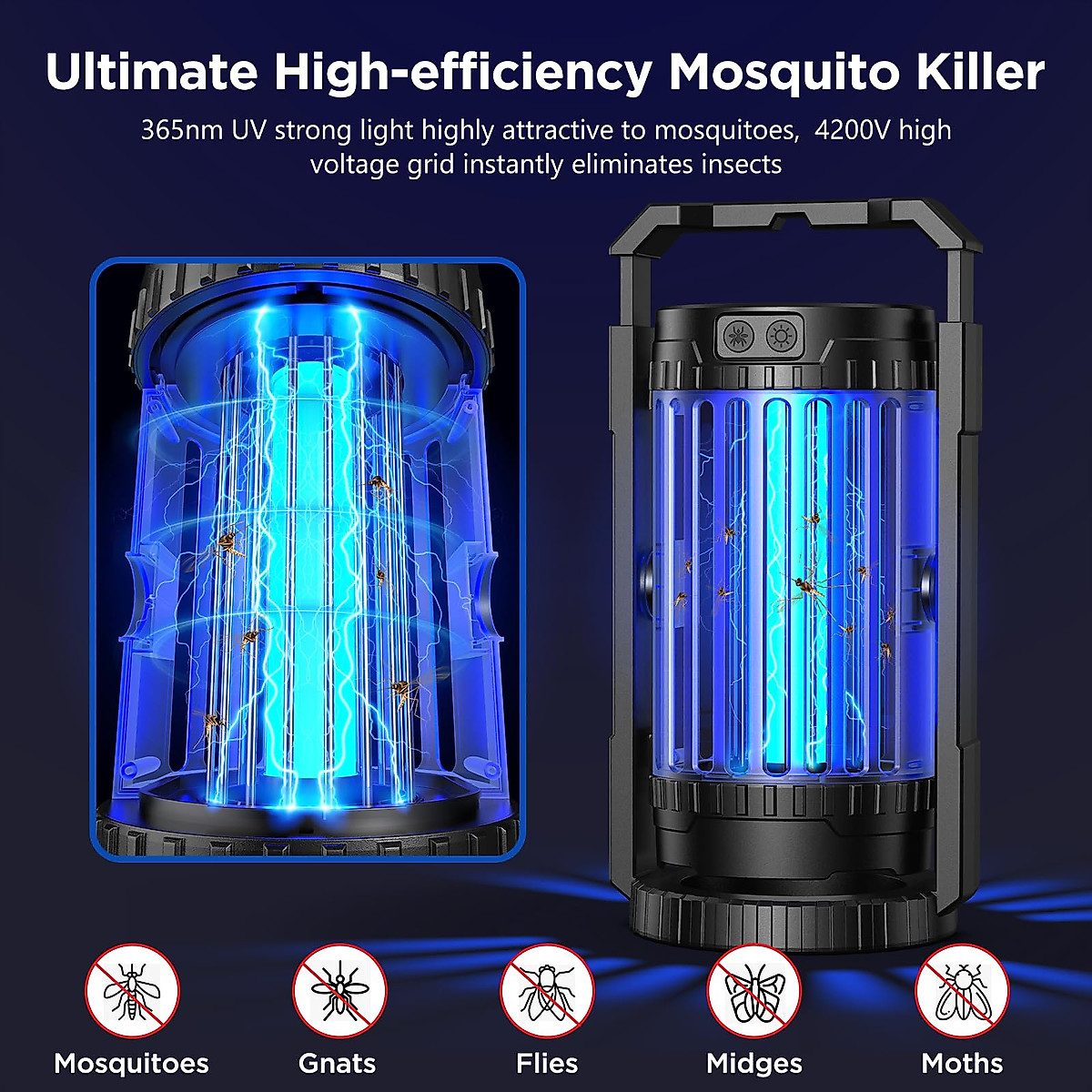 Solar Bug Zapper Outdoor Indoor, Mosquito Zapper with Large-Capacity 5000mAh Battery, 4 in 1 Insect Fly Zapper with Spotlights, Rechargeable & Cordless for Camping, Fishing, Patio, Home Black