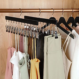 TOPIA HANGER Legging Organizer for Closet, Black Wooden Hangers with 12 Metal Clips, 2 Packs Hold Up to 24 Pants, Hangers Space Saving, Closet Organizer for Hats, Skirts, Tank Tops, Ties-CT39B