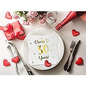 Cheers to 30 Years Cocktail Napkins | Happy 30th Birthday Decorations for Men and Women and Wedding Anniversary Party Decorations | 50-Pack 3-Ply Napkins | 5 x 5 inch folded (White)
