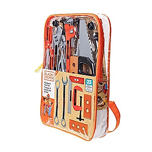 Black + Decker 23-Piece Kids Junior Tool Set Kids Pretend Play Tools Backpack, 23 Tools & Accessories, Hammer, Phillips Screwdriver, Saw, Pliers Adjustable Wrench & More! For Boys & Girls Ages 3+