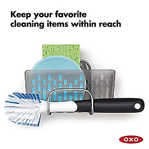 OXO Good Grips Aluminum Fold Flat Dish Drying Rack, 2-Tier, with Drainboard, for Kitchen Counter, Collapsible & Good Grips Stronghold Suction Sinkware Organizer - Gray, One Size