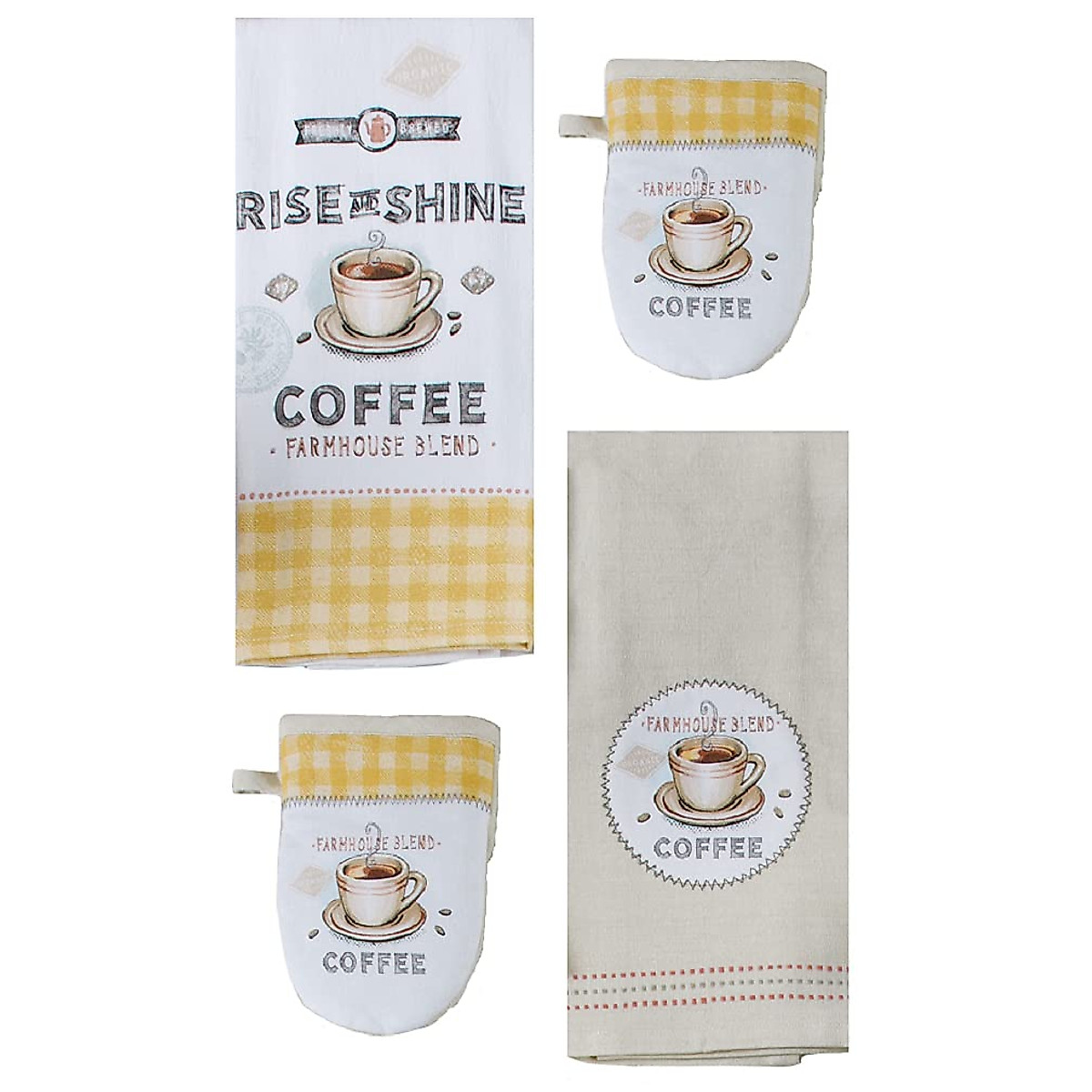 Kay Dee Designs Farmhouse Blend Coffee Cup 4 Piece Kitchen Linen Bundle, 2 Towels and 2 Grabber Mitts