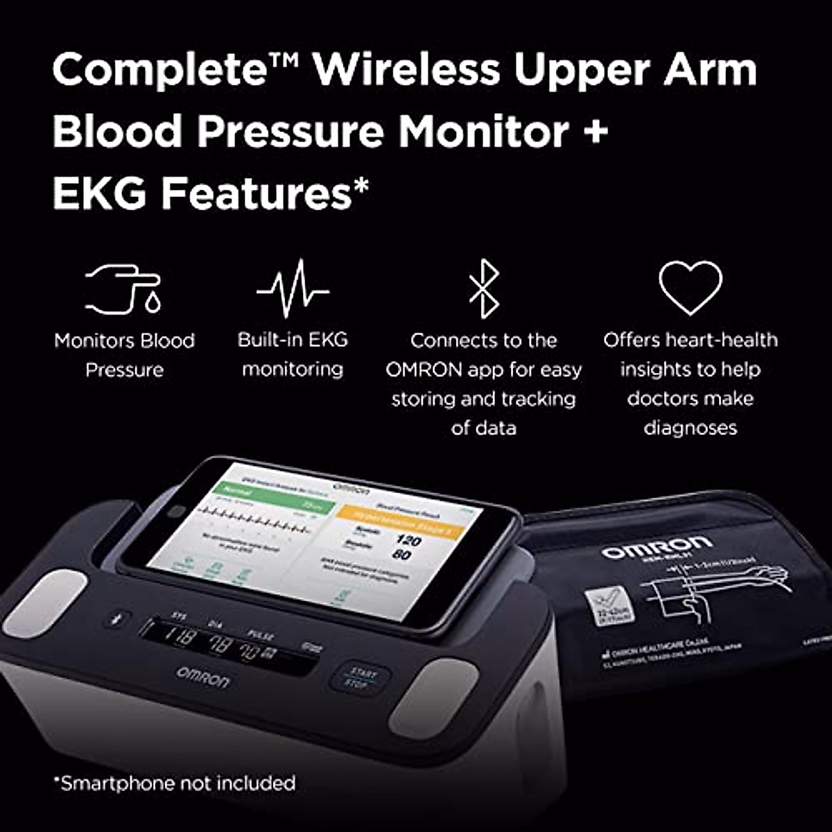 Omron Complete Wireless Upper Arm Blood Pressure Monitor + EKG; Measure Bp, EKG, Afib, Tachycardia, Bradycardia & Sinus Rhythm; Built-In Bluetooth Technology