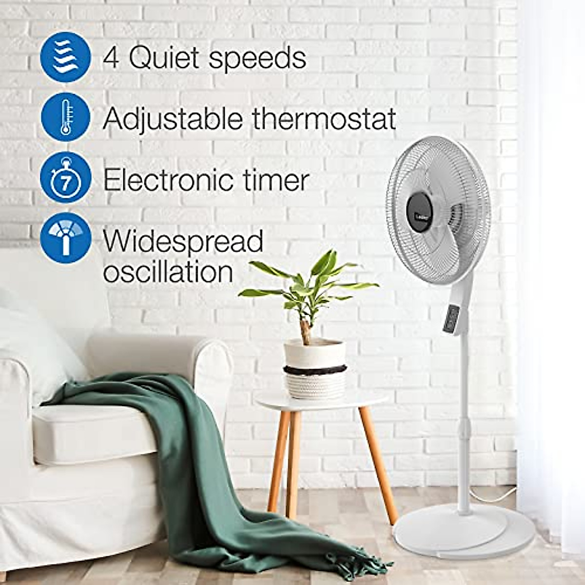 Lasko S16614 Oscillating 16″ Adjustable Pedestal Stand Fan with Timer, Thermostat and Remote for Indoor, Bedroom, Living Room, Home Office & College Dorm Use, 16 Inch, White