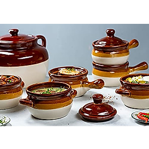 French Onion Soup Crocks with Lids, by Kook, Ceramic Bowls, Large Handles, Dishwasher, Microwave, Oven & Broil Safe, Brown/White, Set of 4, 15 oz, Puebla Collection