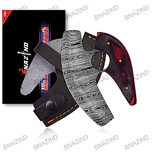 BNAZIND Damascus Alaskan Ulu Knife Pizza Cutter Rocker Knife - Multi-Purpose Damascus Knives For Skinning, Hunting, Chopping knife with Sheath, Damascus Steel Chef Knives