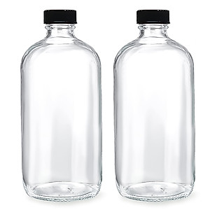 (2 Pack) - 32 oz Clear Glass Boston Round Bottles with Black 33-400 Airtight Phenolic Polycone Caps - Perfect Glass Containers for Secondary Fermentation, Storing condiment, Homemade Essential Oils