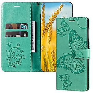 LEMAXELERS Redmi Note 9S Case PU Leather Case Wallet Flip Butterfly Embossed Case with Card Holder Shockproof Protective Cover for Xiaomi Redmi Note 9 Pro/Note 9 Pro Max Big Butterfly Green KT