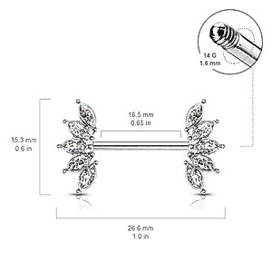 Pierced Owl 14GA 316L Stainless Steel Crystal Marquise Fan Ends Nipple Barbells, Sold as A Pair (Aurora Borealis)