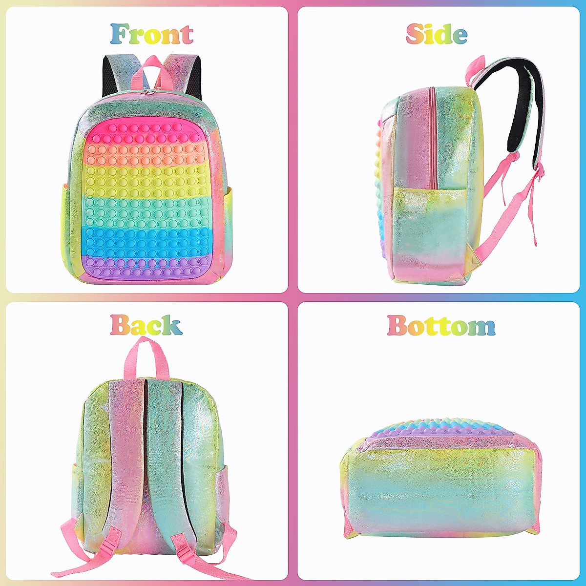 Ejoich Pop On It Backpack for Girls Boys, Large Capacity Fidget Toys Backpack Rainbow Pop Shoulder Bag Pop School Bookbag (Laser Pink)