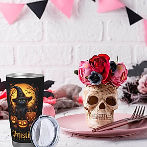 LoGiftFor Personalized Halloween Black-Cat Tumbler - Witch Pumpkin Halloween Gifts For Women Men - Spooky Season Cat Gift For Cat Lovers - Custom Halloween Tumblers Coffee Cup 20oz Lid