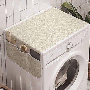 Lunarable Ivory and Grey Washing Machine Organizer, Blooming Nature Pattern in Faded Colors Spring Inspired Buds Gardening Plants, Anti-slip Fabric Cover for Washers and Dryers, 47" x 18.5", Ivory Tan