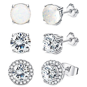 Jstyle Stud Earrings for Women 18K White Gold Rose Plated CZ Halo Earrings Created Opal Earrings Set for Sensitive Ears with Gift Box