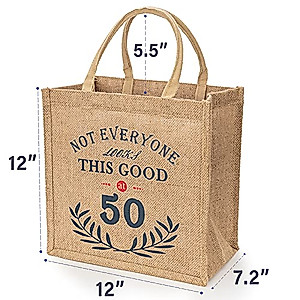 CQNET 50th Birthday Keepsake Gift Bag for Women, Novelty Jute Cotton Tote Giftable Present Bag for Mom, Wife or Friend, Beige, Medium