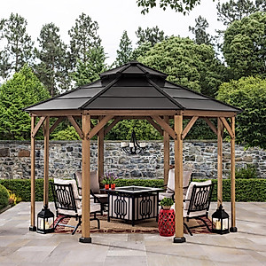 Sunjoy Ion Collection 13 x 13 ft. Cedar Framed Octagon Wood Gazebo with Brown Double Tiered Steel Hardtop Roof and Ceiling Hook for Garden, Backyard Shade