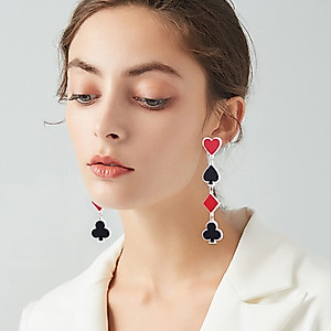 Unique Funny Playing Cards Pattern Dangle Drop Earring Personality Asymmetric Acrylic Spades Hearts Plum Poker Earrings for Women Gift Statement Nightclub Party Jewelry (Long Design)
