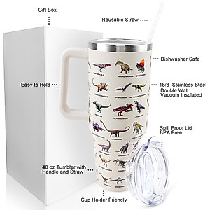 XAIVEZL Dinosaur Mug 40 oz Tumbler with Handle and Straw Lid Leak Proof - 40 Ounce Tumbler for Jurassic Dino World Park Dinosaur Birthday Decorations Party Supplies Stainless Steel Cup