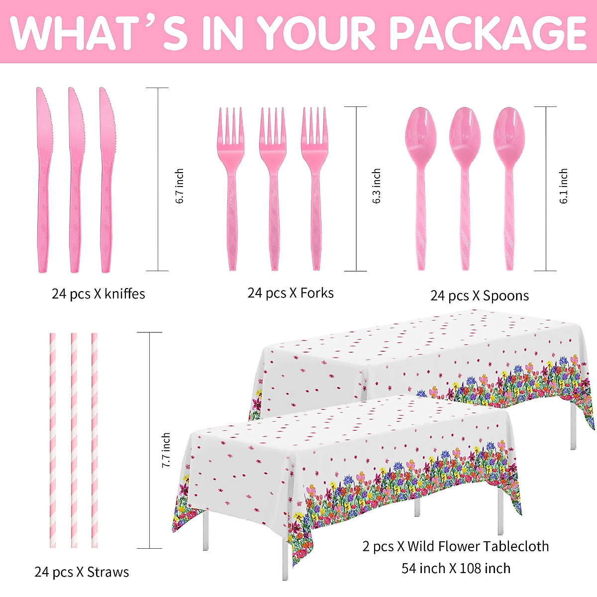 Xigejob Wildflower Decorations Tableware - Floral Party Supplies, Plate, Cup, Napkin, Tablecloth, Cutlery, Spring Summer Flower Party Decorations For Birthday, Baby Shower, Tea Party | Serve 24