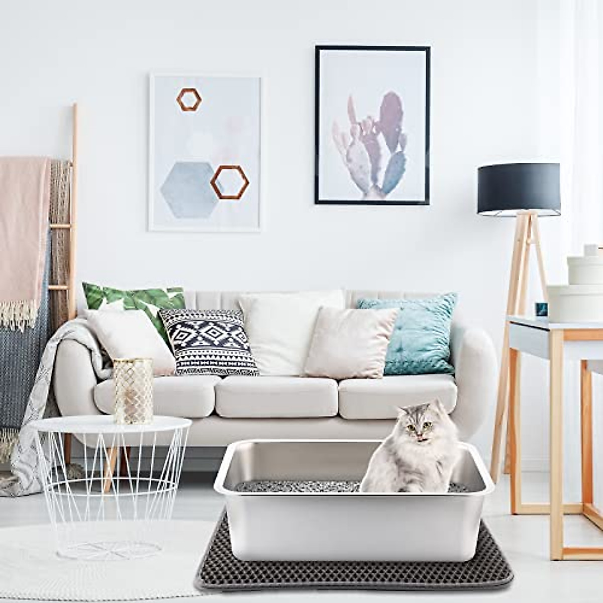 4 Pcs Stainless Steel Cat Litter Box Kitten Litter Box Mat Rust Proof Metal Cat Box Honeycomb Waterproof Design Double Layer Kitty Litter Trapper Mat Odor Control Small Litter Box for Cat Rabbit