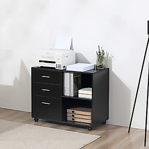HOMCOM 3 Drawer Printer Stand, Mobile Office Cabinet with 2 Storage Shelves for Home Office, Black