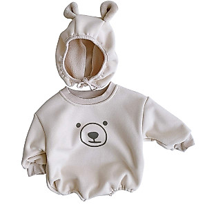 famuka Baby Boy/Girl Sweatshirt Romper Long Sleeve Bear Bodysuit (Beige, 3-6 Months)