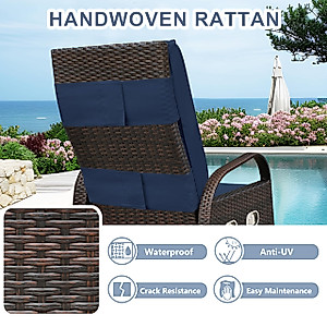 Skypatio Outdoor Recliner Chair, Independently Adjustable Backrest and Footrest All-Weather Wicker Patio Reclining Lounge Chair with Flip Side Table, Navy Blue
