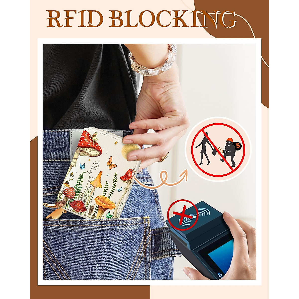 Miss Adola Credit Card Wallet for Women RFID Blocking Leather Card Wallet Organizer for Ladies Girls Female Aesthetic Cute Wallet with Card Slots Coin Cash Zipper Purse & ID Window, Moon Mushroom