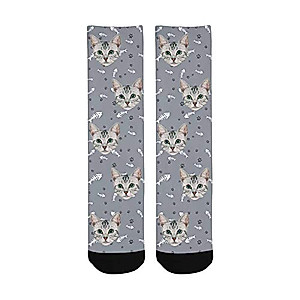 Custom Print Your Photo Funny Pet Face Socks, Personalized Fish Bones, Cat and Dog Tracks Paws Gray Crew Socks with Pictures for Men Women