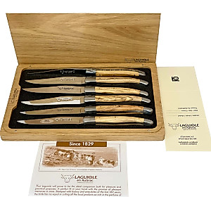 Laguiole en Aubrac Luxury Fully Forged Full Tang Stainless Steel Steak Knives 6-Piece Set with Olivewood Handle, Stainless Steel Matte Bolsters