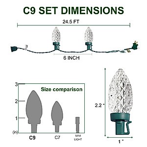 C9 Christmas Lights, 50 LEDs 24.5 FT Faceted String Lights Connectable Commercial Grade Indoor Outdoor, 120V UL Certified Xmas Strawberry Tree Light Strand for Garden Patio Parties, Warm White