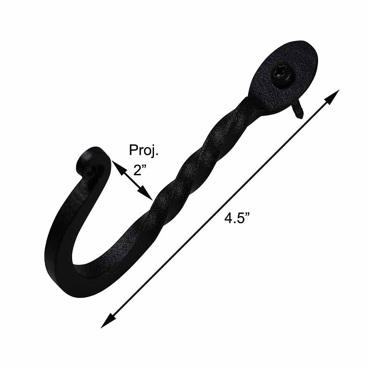 Renovators Supply Bathroom Hooks 4.5 in. Black Wrought Iron Twisted Wall Mount Hooks for Hanging Robe, Towel, Hat, or Jewellery with Mounting Hardware