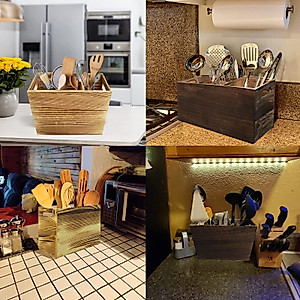 Amrta Kitchen Utensil Holder for Countertop Large Wood Cooking Utensils Organizer with 2 3 Compartments, Organization Wooden Tools Caddy for Counter (Nautral 2 Compartments)