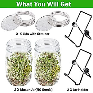 Seed Sprouting Jar Broccoli Sprouts Growing Kit with Screen Lids Wide Mouth Mason Jars for Growing Broccoli, Alfalfa, Mung Bean, Seed Germination Kit Indoor Sprouter Set, 2 Pack