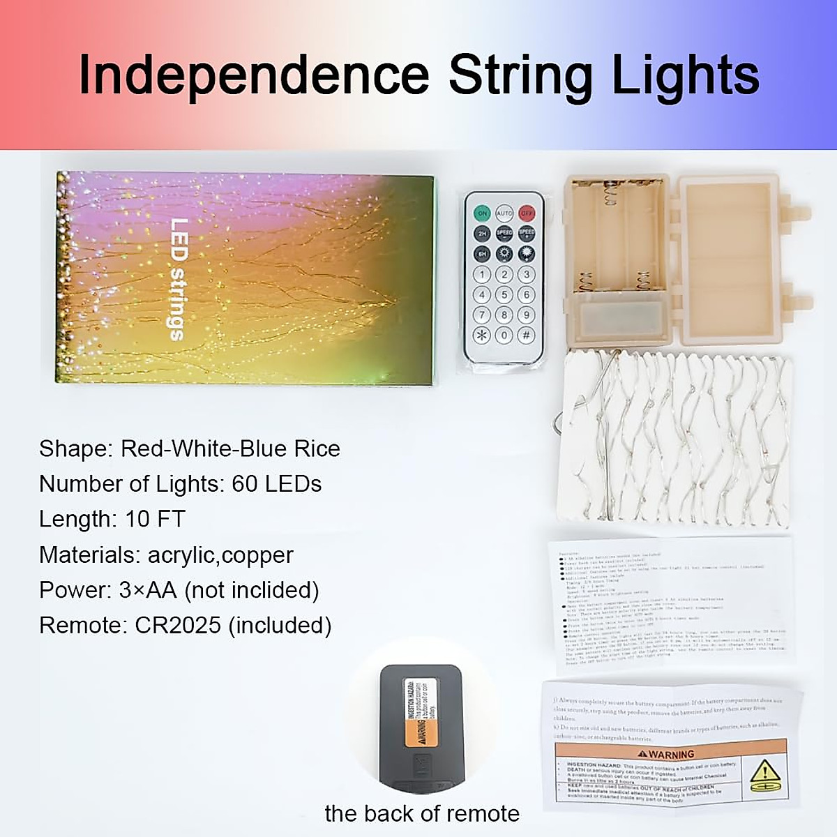 MIYA LIFE Independence String Lights 10FT & 40LEDs & Patriotic Decorations | Battery Powered & Timer Remote (Rice Lights)