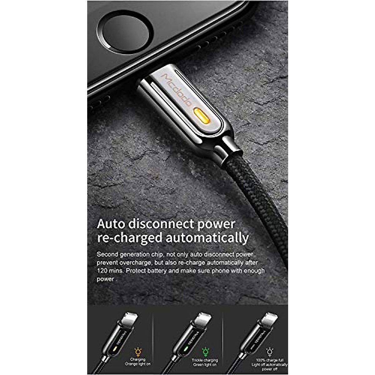 mcdodo Power Off/On Smart LED Auto Disconnect and Auto Recharge Nylon Braided Sync Charge USB Data 6FT/1.8M Cable Compatible with Phone 14/13/12/11 Pro Max List Below (Black, 6FT/1.8M)