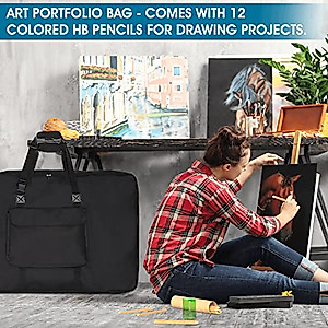 Art Portfolio Case 24 x 36 in. with 12 Color Pencil Set and Sharpener- Large Lightweight Art Portfolio Bag with Shoulder Strap and Handle - Artwork Storage Totes - Black Art folder Storage Bag