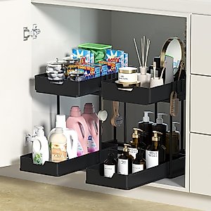 Black 2 Pack Under Sink Organizers and Storage, 2-Tier Sliding Cabinet Basket Organizer Multi-Purpose Under Sink Organizers and Storage for Bathroom Kitchen 40 x 22 x 31CM