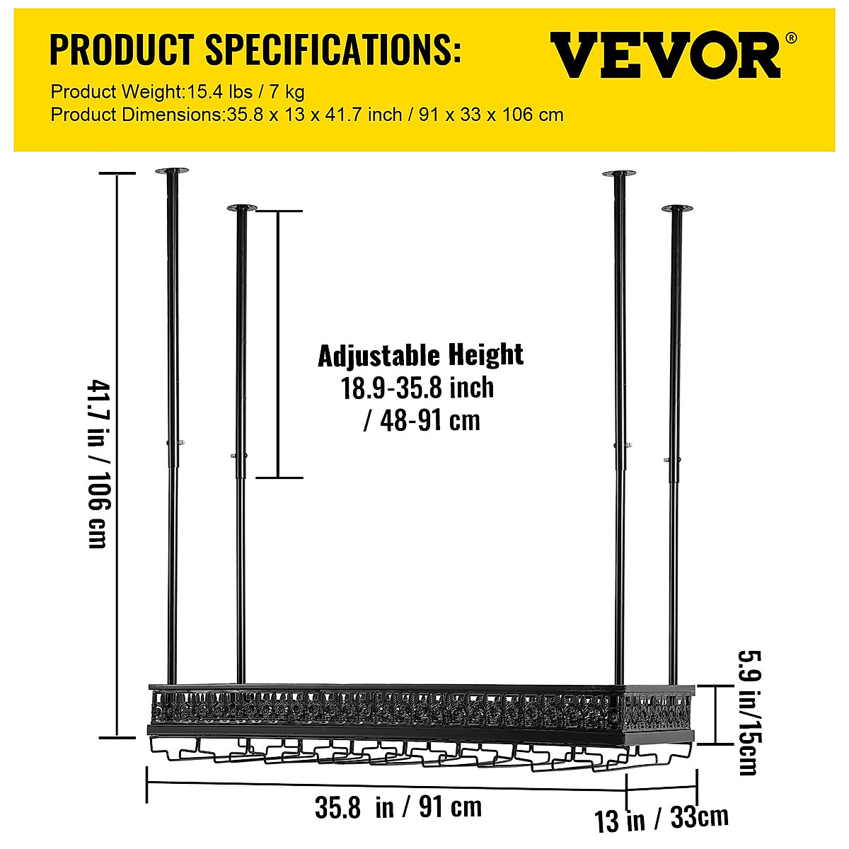 VEVOR Ceiling Wine Glass Rack, 35.8 x 13 inch Hanging Wine Glass Rack, 18.9-35.8 inch Height Adjustable Hanging Wine Rack Cabinet, Black Wall-Mounted Wine Glass Rack Perfect for Bar Cafe Kitchen