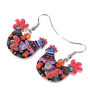 Acrylic Drop Hen Chicken Earrings Funny Farm Design Lovely Gift For Girls Women By The Bonsny (Red)