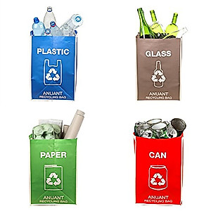 ANUANT Separate Recycling Waste Bin Bags for Kitchen Office in Home - Recycle Garbage Trash Sorting Bins Organizer Waterproof Baskets Compartment Container Big Size 4 Bags Set