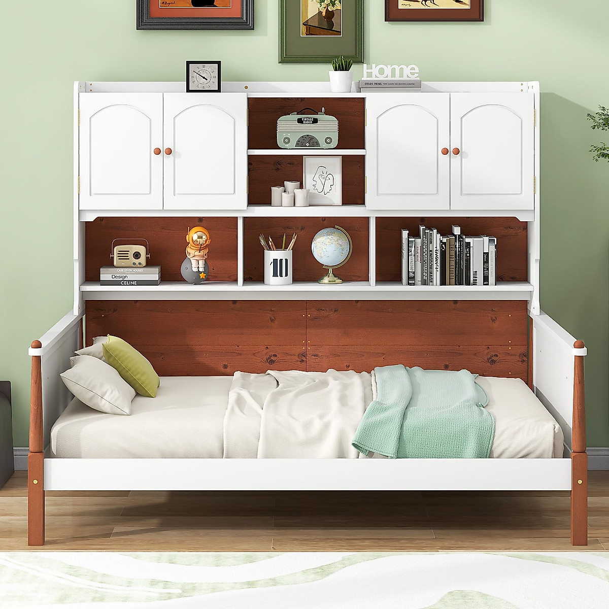 Harper & Bright Designs Twin Daybed with Bookcase Headboard, Twin Size Platform Bed with Storage Cabinet,Wood Twin Bed Frame for Kids Teens Adults (White+Walnut)