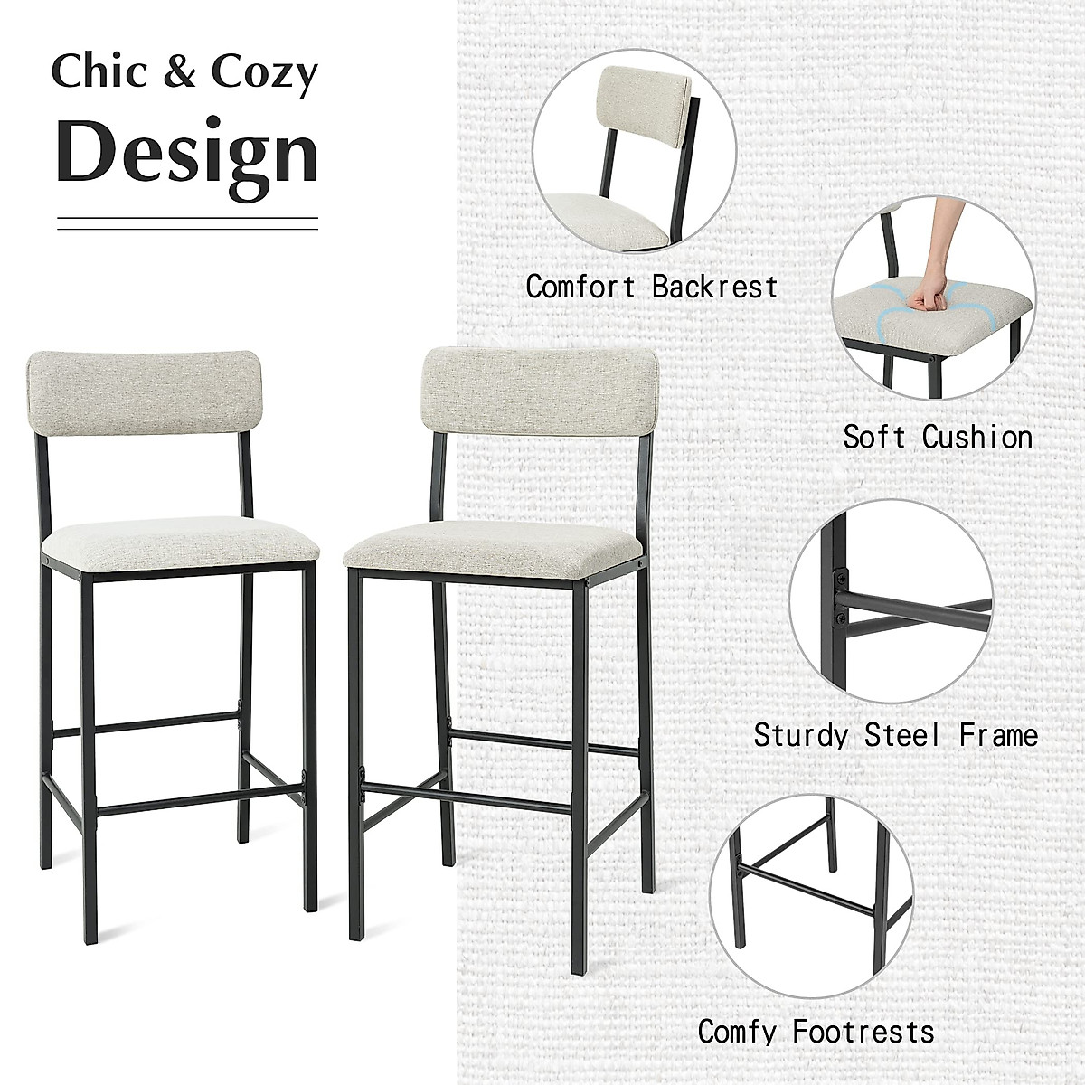 LAVIEVERT Bar Stools, Set of 2 Bar Chairs, Kitchen Island Chairs Counter Height Barstools with Soft Cushion & Backrest and Metal Footrests - Grey