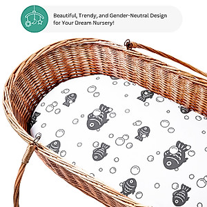 TansyPanda Bassinet Sheets for Baby Delight Snuggle Nest, Chicco LullaGo, Snoo Smart, Fisher Price, 4PC, 30 x 18 Inch, Ultra Soft, Breathable, Snug Fit, Unisex Boys Girls, Gray White (Ocean Fish)