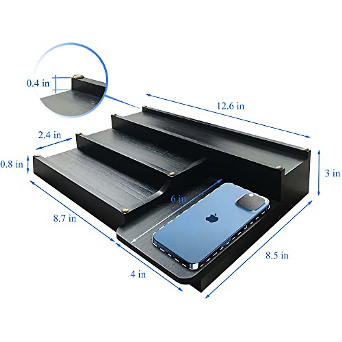 ALCEDIA Cologne Organizer for Men - 4 Tiered Solid Wood Cologne Stand Display Shelf with Hidden Compartment. Vanity Organizer, Perfume Organizer, Spices Organizer and Funko Pop Shelves. (Rustic Black)