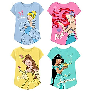 Disney Princess T-Shirts (4-Pack) Girls Short Sleeve Aurora, Cinderella, Snow White, Jasmine, Rapunzel, Ariel, Moana, Tiana 4T Lb/Pk/Y/T SS