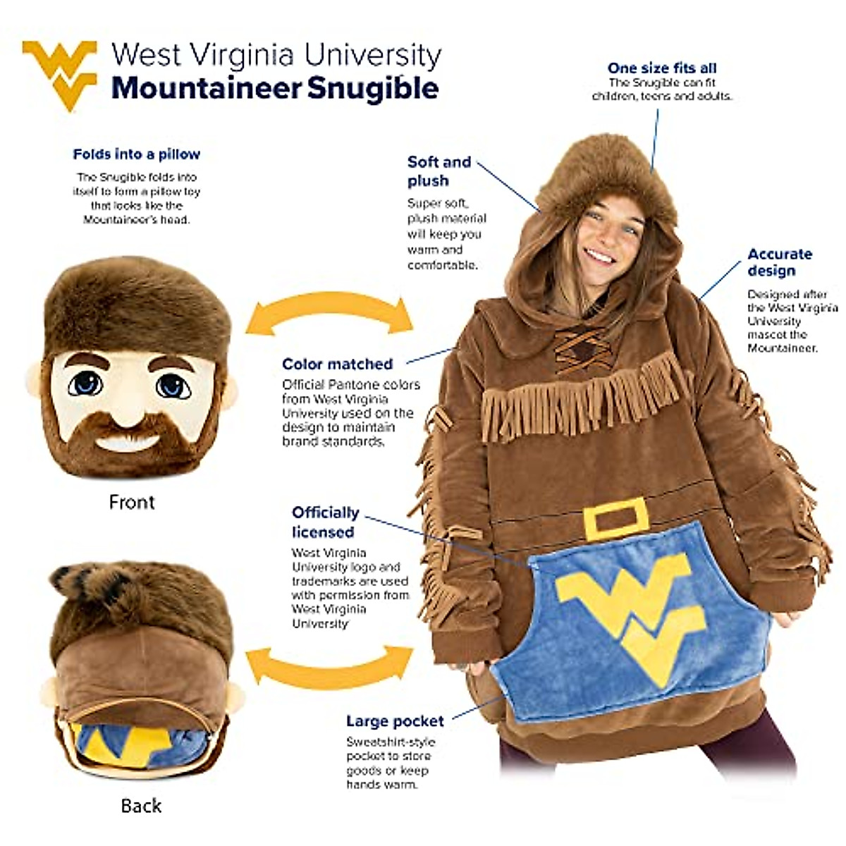 Plushible West Virginia Blanket Hoodie - Oversized Pullover Hooded Sweatshirt - Mens and Womens Long Sleeves Wearable College Football and Basketball Blanket Hoodie - Mountaineer Gifts