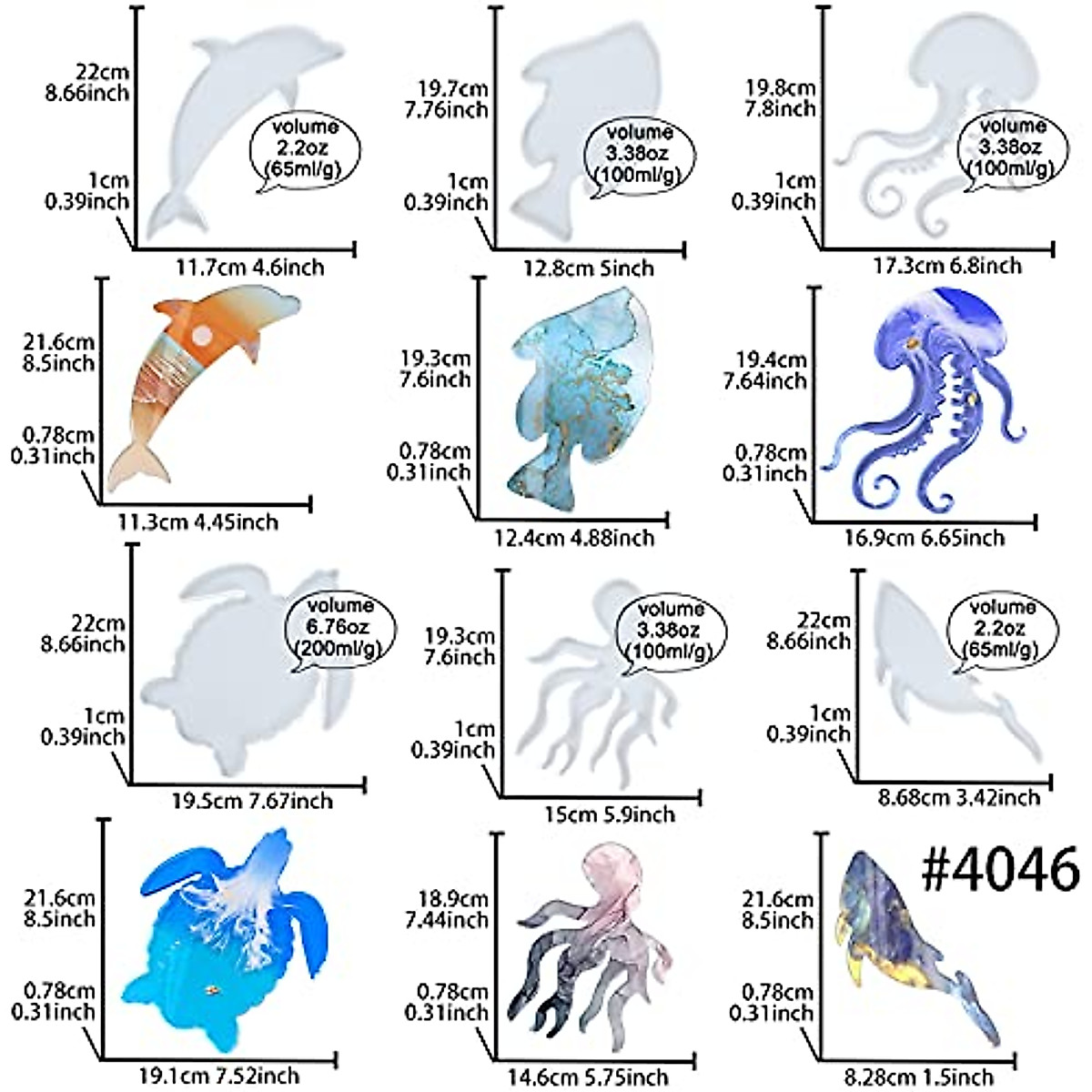 Sea Animal Epoxy Resin Silicone Tray Molds Dolphin Fish Jellyfish Turtle Octopus Whale Serving Board, Platter, Wall Hanging, Coaster with Mini Seashells Starfish Inlay Supplies